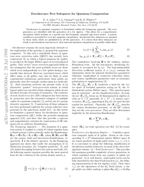 Pdf Decoherence Free Subspaces For Quantum Computation