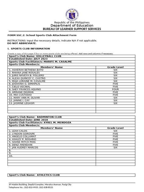 Form Ssc 2 School Sports Club Attachment Form V1 Ples Pdf