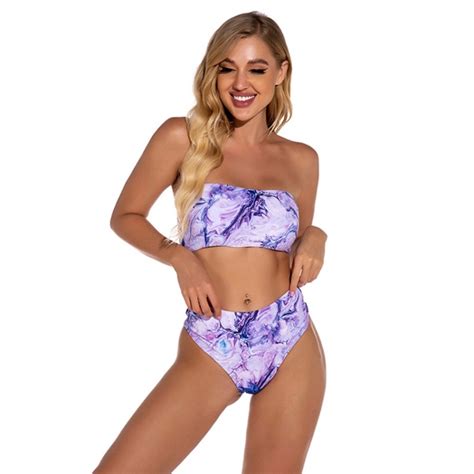 2 In 1 폴리 에스테르 넥타이 염료 튜브 탑 비키니 숙 녀 높은 허리 패드가있는 높은 허리 분할 수영복 색상 자주색 크기 L