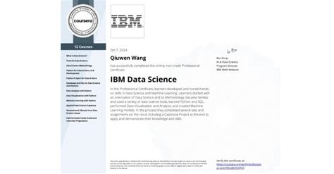 Completion Certificate For Ibm Data Science Qiuwen Wang （王秋文）