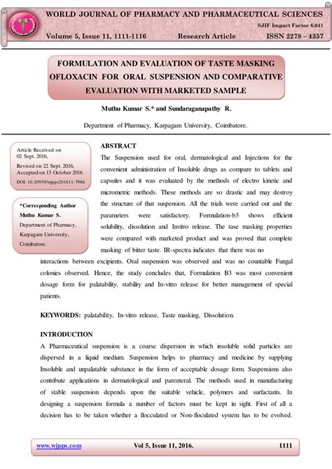 Pdf Formulation And Evaluation Of Taste Masking Ofloxacin For Oral Suspension And Comparative