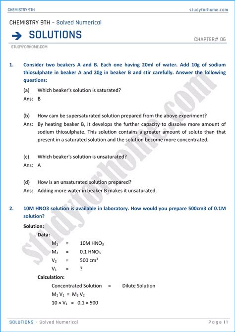 Solutions Solved Numerical Chemistry Class 9th