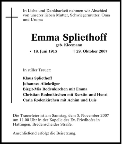Traueranzeigen Von Emma Spliethoff Trauer In Nrw De