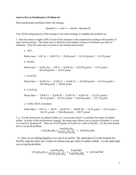 Stoichiometry Problem Set Answer Key