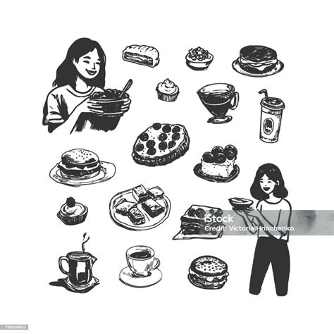 캐릭터가 있는 디저트 및 음료 손으로 그린 라인 아트 다양한 디저트 음료 그리고 음식을 즐기는 두 명의 행복한 캐릭터가 등장하는 흑백 라인 아트 일러스트레이션 카페 메뉴