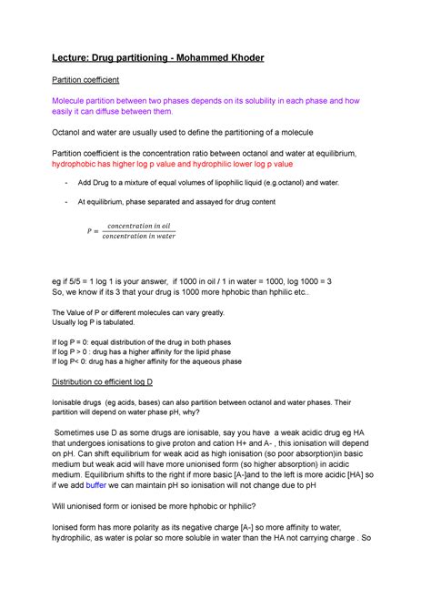 Drug Partitioning Lecture Notes Lecture Drug Partitioning Mohammed Khoder Partition