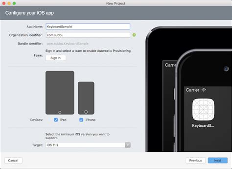 Enter Your App Name Ex Keyboardsample Select Minimum Ios Support