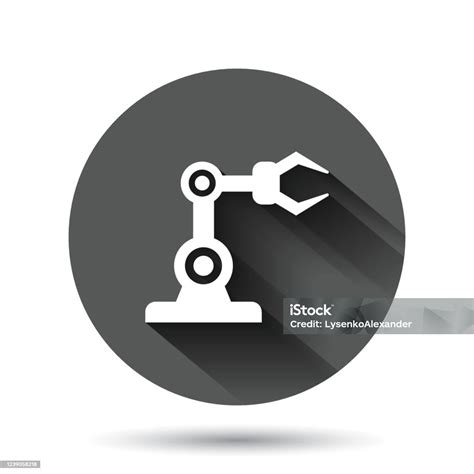 플랫 스타일의 로봇 팔 아이콘입니다 긴 그림자 효과와 검은 둥근 배경에 역학 조작자 벡터 그림자 기계 원 버튼 비즈니스 개념입니다 건설 기계류에 대한 스톡 벡터 아트 및