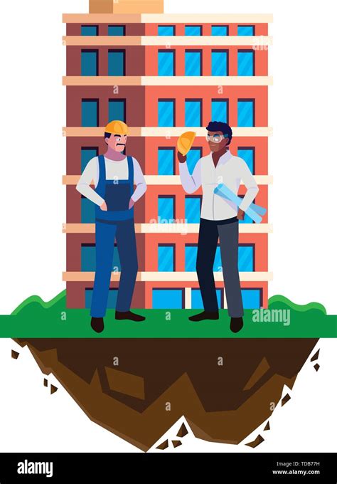 Interracial Male Builders Constructors With Building Vector