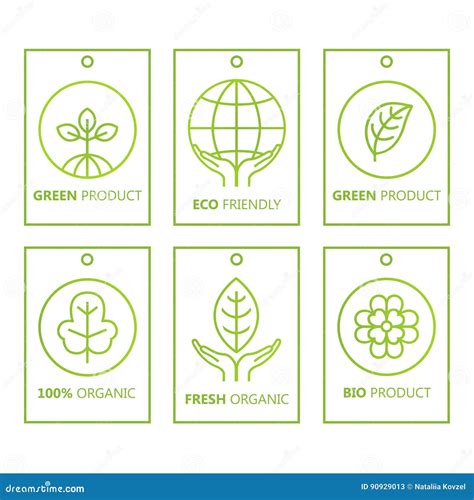 Vector Green Set Of Labels In Linear Style For Organic Products Food