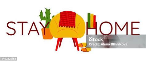 집 아늑한 밝은 인테리어 격자 무늬 따뜻한 슬리퍼 선인장 책이있는 노란색 안락 의자 문자 집에 계세요 가정 환경 가구에 대한 스톡 벡터 아트 및 기타 이미지 Istock