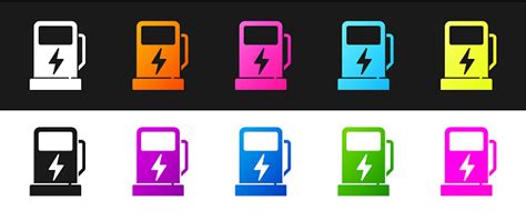 흑백 배경에 격리된 전기 자동차 충전소 아이콘을 설정합니다 에코 전기 연료 펌프 표지판 벡터 개념에 대한 스톡 벡터 아트 및