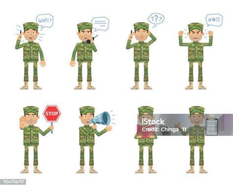 다양 한 상황에서 포즈를 취한 군인 캐릭터 세트 쾌활 한 군인 전화에 이야기 깜짝 생각 화가 정지 표지판을 들고 확성기 책 감정에 대한 스톡 벡터 아트 및 기타 이미지