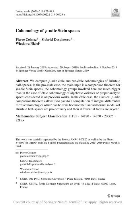 Cohomology Of P Adic Stein Spaces Request Pdf