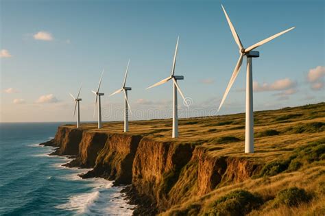 Cliff Top Wind Turbines Over Crashing Waves Stock Illustration