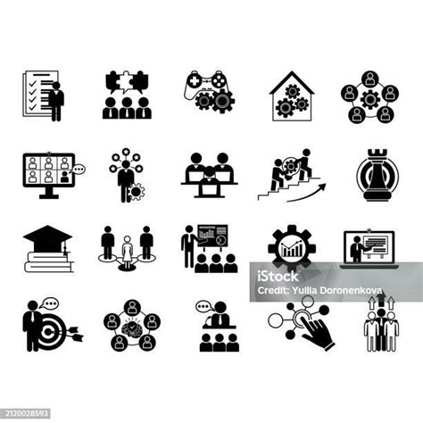 블랙 워크샵 아이콘 세트 벡터 아이콘 팀 빌딩 협업 교육 테스트 목표 기술 개발 생산성 브레인 스토밍 및 기타 게임화에 대한
