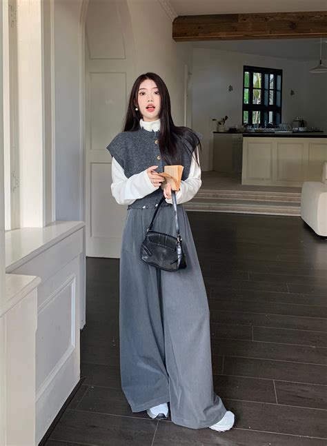 와이드 통 팬츠 바지 크롭 헤짐 니트 조끼 목폴라 이너 S L 세트 에이블리