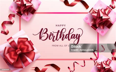 생일 선물 벡터 템플릿 디자인 생일 맞이 카드 장식선물 상자 리본 올가미 서프라이즈 요소가 있는 핑크 프레임의 생일 축하 텍스트