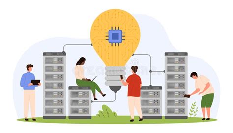 Innovation Data Technology Tiny People Work On Idea To Connect Light Bulb And Servers Stock