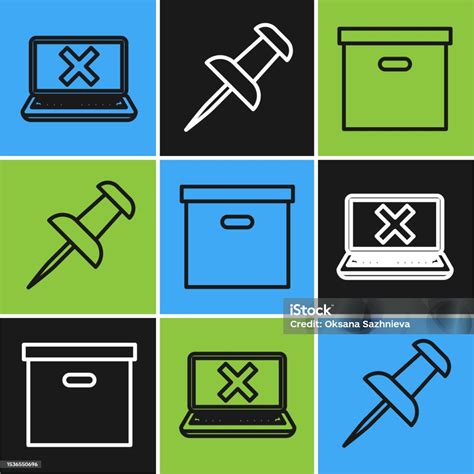 화면에 라인 노트북과 십자 표시 판지 골판지 상자 및 푸시 핀 아이콘을 설정합니다 벡터 개념에 대한 스톡 벡터 아트 및 기타 이미지 개념 건강관리와 의술 경계 표지