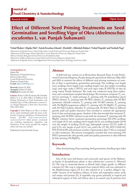 Pdf Effect Of Different Seed Priming Treatments On Seed Germination And Seedling Vigor Of Okra