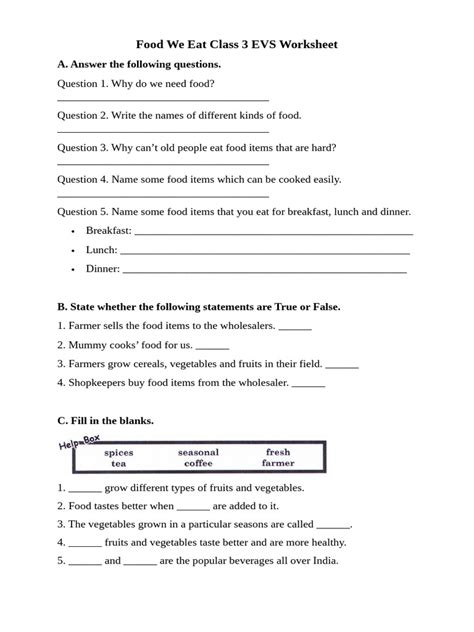 Food We Eat Class 3 Evs Worksheet Pdf Foods Vegetables