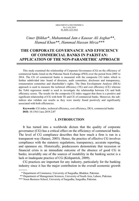 Pdf Corporate Governance And Efficiency In Commercial Banks Application Of Non Parametric