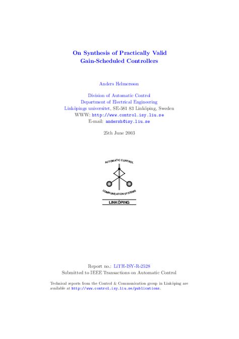 Pdf On Synthesis Of Practically Valid Gain Scheduled Controllers