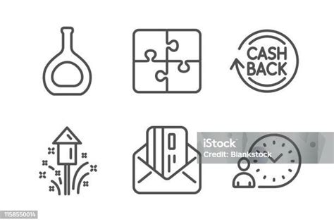 코냑 병 신용 카드 및 불꽃 놀이 아이콘 세트 캐쉬백 퍼즐 및 시간 관리 표지판 벡터 고급에 대한 스톡 벡터 아트 및 기타 이미지 Istock