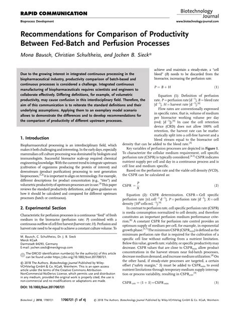 Pdf Recommendations For Comparison Of Productivity Between Fed Batch