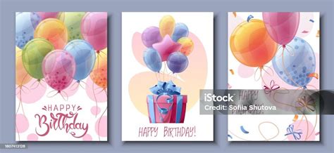 생일 축하 카드 디자인을 설정합니다 배너 다채로운 풍선 선물 색종이 및 뱀이 있는 전단지 템플릿입니다 생일 축하합니다 휴일 기념일 파티를 위한 초대장 디자인 공습에 대한