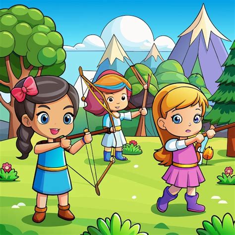 활과 화살로 게임을 하는 아이들의 만화 일러스트레이션 프리미엄 벡터