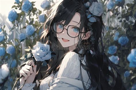 Anime Girl In Glasses With Black Hair Smiling Surrounded By Blue Roses