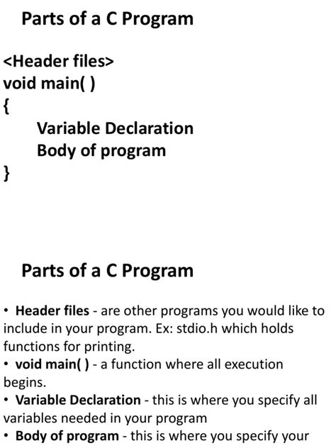 parts of a c program void main variable declaration body of program