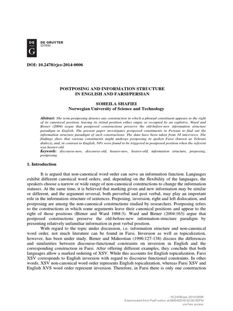 Postposing And Information Structure In English An Pdf Persian Language English Language
