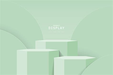 스튜디오 룸에 추상 녹색 3d 배경 둥근 원 레이어 배경이 있는 사실적인 3d 육각형 연단 받침대 모형을 위한 최소한의 벽 장면 3d 벡터 기하학적 플랫폼 프로모션 시간 0