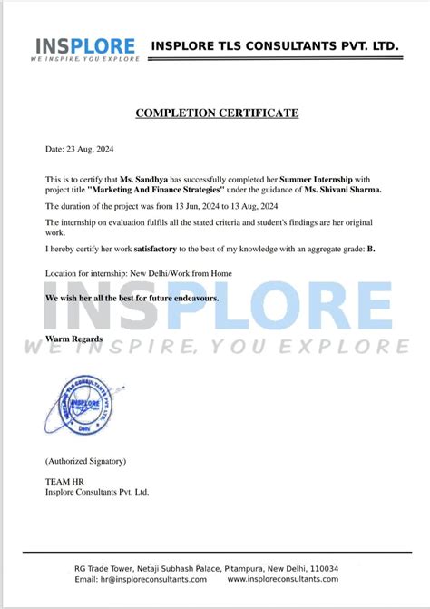 I Have Successfully Completed My Summer Internship At Insplore Sandhya Choudhary