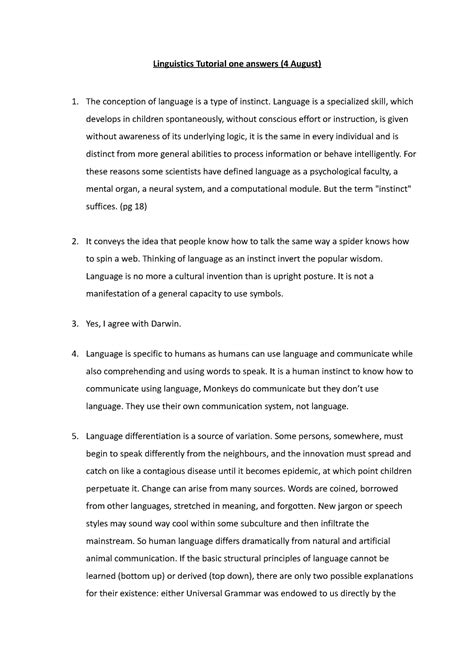 Linguistics Tutorial One Answers D82207 C5db99c5a1ff98c89cae81b34c