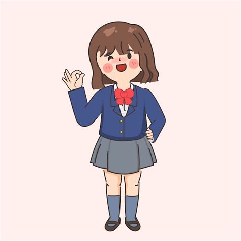 학교 유니폼을 입은 학생 소녀의 손으로 그린 캐릭터 포즈 무료 벡터