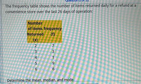 Solved Find Mean Mode Median Question 2 Of 12 The Frequency Table Shows Course Hero