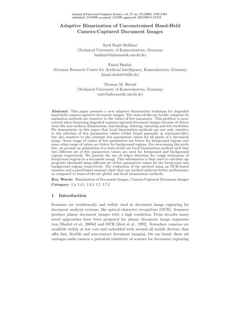 Pdf Adaptive Binarization Of Unconstrained Hand Held Camera Captured Document Images