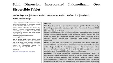 Solid Dispersion Incorporated Indomethacin Oro Dispersible Tablet