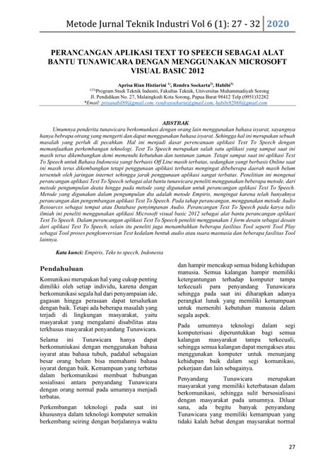 Pdf Perancangan Aplikasi Text To Speech Sebagai Alat Bantu Tunawicara