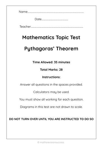 Pythagoras Theorem Topic Test Gcseigcse Teaching Resources