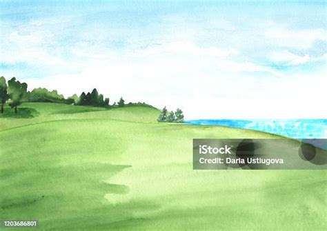 바다에 대한 풍부한 잔디와 아름다운 녹색 필드의 전망 손으로 그린 수채화 그림과 배경 수채화에 대한 스톡 벡터 아트 및 기타