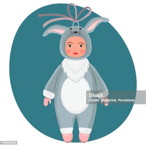 토끼 의상을 입은 아이를 크리스마스 장난감으로 삼는다 복고풍 스타일의 크리스마스 트리 장식 겨울 방학 및 축하의 개념 벡터 그림입니다 12월에 대한 스톡 벡터 아트 및 기타