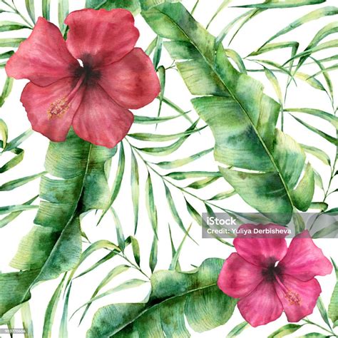 이국적인 꽃과 잎으로 수채화 꽃 패턴입니다 손 그린 열 대 식물을 가진 완벽 한 장식 히 비 스커 스 팜 잎과 가지 흰색 배경에 고립 디자인 또는 직물에 대 한 0명에 대한