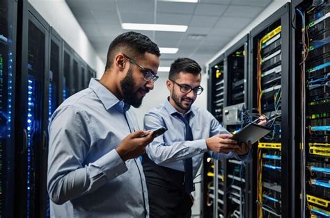 People Working In Data Center Room Hosting Server Premium Ai Generated Image