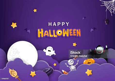 해피 할로윈 보름달 밤 장면흐린 인사말 카드 종이 컷 스타일 아이 귀여운 만화 캐릭터 초대 포스터 벡터 보라색 배경 일러스트 0