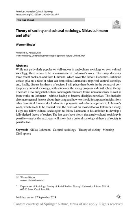 Theory Of Society And Cultural Sociology Niklas Luhmann And After Request Pdf